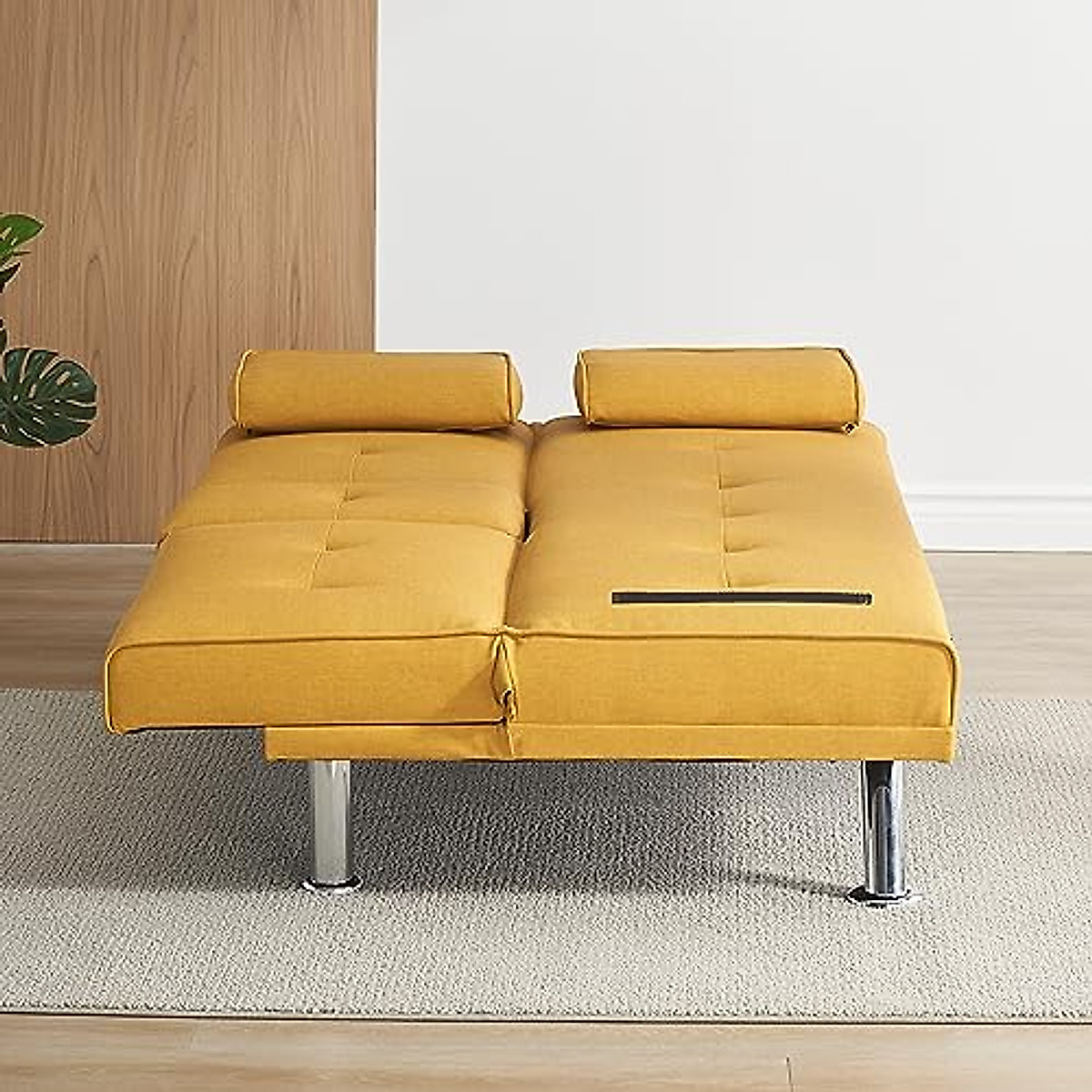 ME2 67" Sleeper Sofa Faux Leather Futon Sofa Bed w/Removable Armrests & Cupholders, Convertible Upholstered Folding Loveseat Folding Daybed Guest Sofa Bed for Living Room,Apartment,Dorm,Yellow