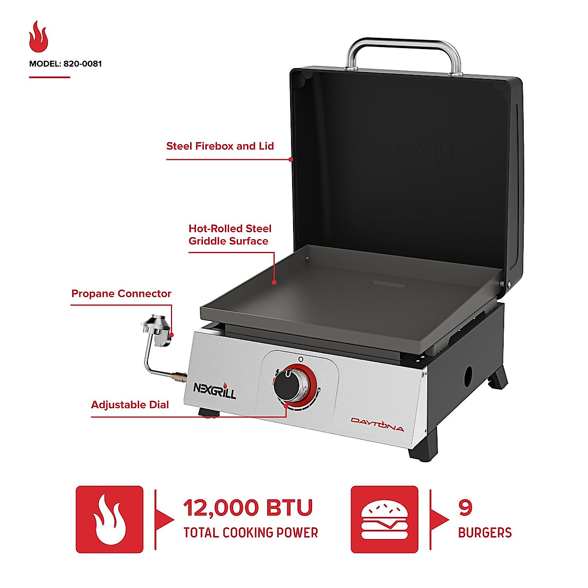 Nexgrill Daytona 1-Burner Portable Gas Griddle with Built-In Lid, 12,000 BTUs, 271 SQ In Cooking Space, Small Tabletop Propane Griddle for Outdoor Cooking, Camping, BBQs, and Parties - 820-0081