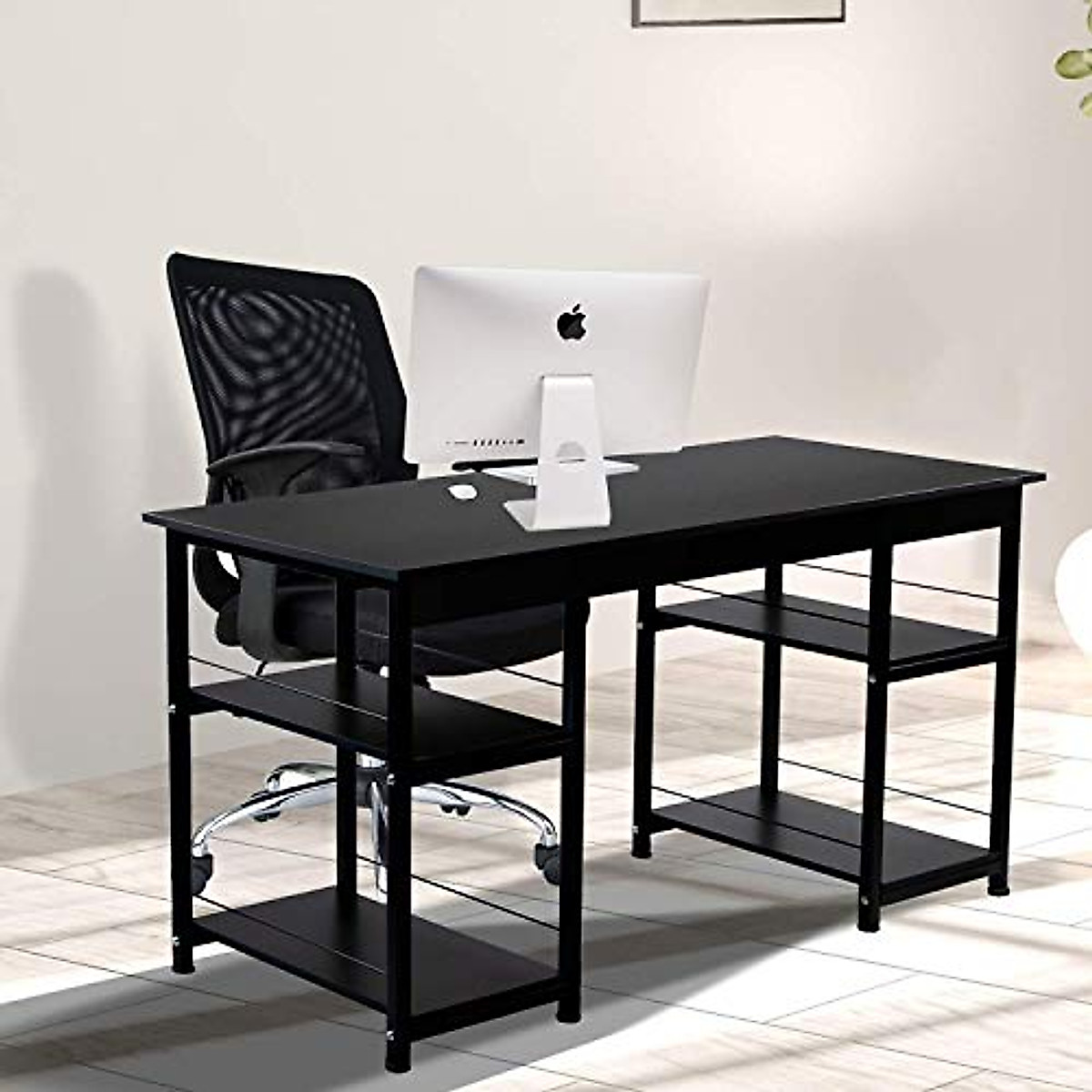 Jerry & Maggie - Computer Desk Office Desk W 2 Side 2 Tiers Shelves Sturdy Surface Laptop Desk Professional Desk Modern Plain Personal Workstation Rectangle Shape Steel Legs Livingroom Bedroom - Black