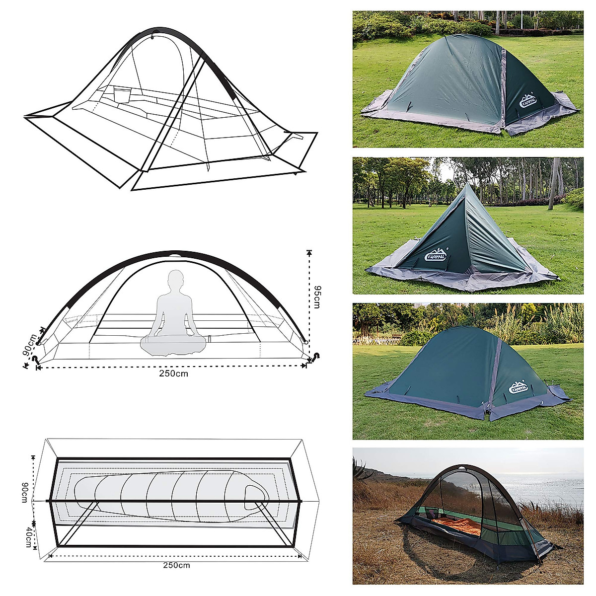 camppal 1 Person Tent Backpacking Camping Hiking Mountain Hunting Tent Lightweight and Waterproof for 4 Season Extreme Space Saving Single Bracket (Green-with skirt)