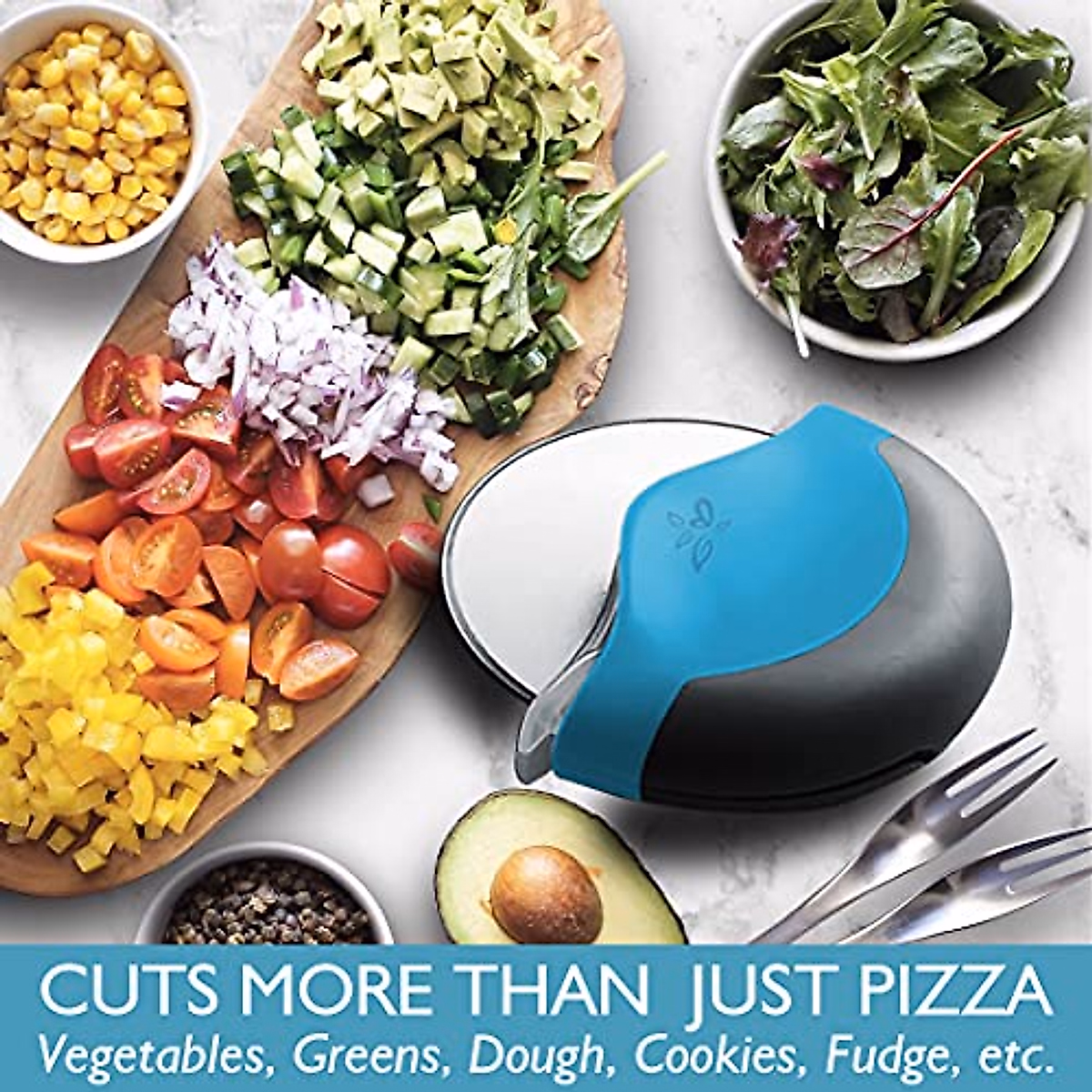 DECOSTYLE, Blue Pizza Cutter Wheel with Protective Blade Cover, improved, Super Sharp, Easy To Use and Clean, Slicer, Ergonomic Rubberized Grip, heavy dutty, Stainless Steel, Dishwater Safe