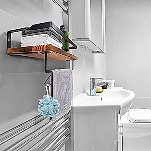 YEVIOR Floating Shelves Wall Mounted, Floating Wall Shelves with 5 Hooks, Rustic Pine Wood Floating Shelves with Removable Towel Bar, Set of 2 Floating Shelves for Bathroom, Kitchen, Bedroom