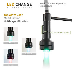 AIMADI Kitchen Faucet with Sprayer, Modern Single Handle Pull Down Sprayer Spring Matte Black Kitchen Sink Faucet with LED Light