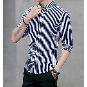 Men's Striped Button Down Shirts Casual Turn-Down Collar Slim Fit Shirts Classic Stylish Business Dress Shirts (Black,Large)