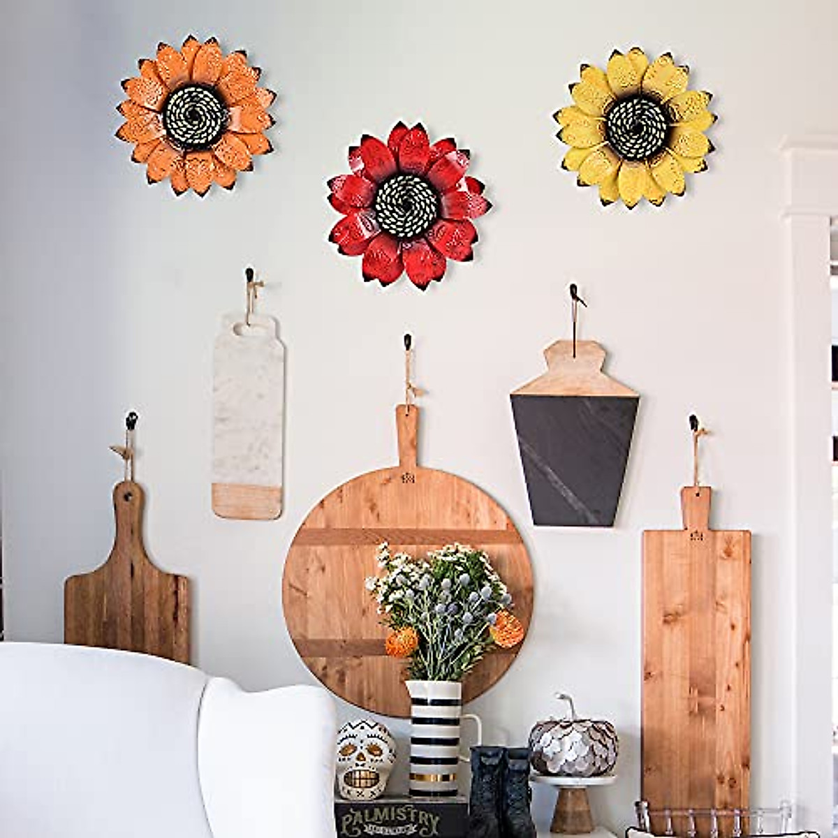 YEAHOME Metal Flower Wall Decor - 9 inch Wall Art Decorations Sunflower Spring Yard Garden Decor Hanging for Bathroom, Bedroom, Living Room - Office/Home Spring Decorations Boho Art, Set of 3 Handmade Gift for Indoor or Outdoor