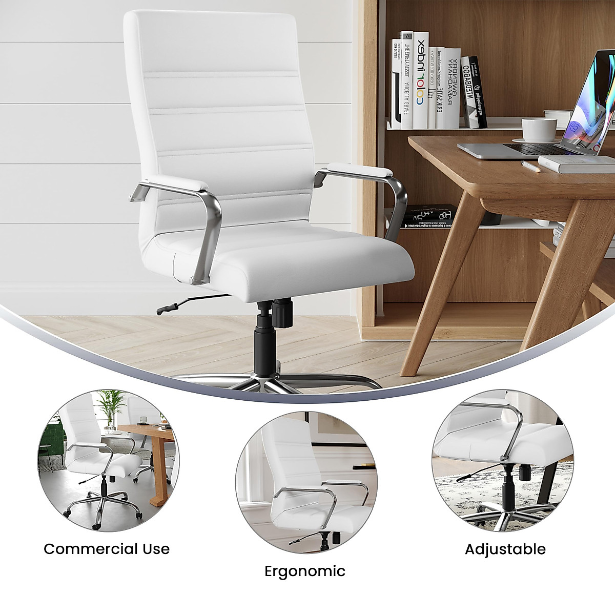 Flash Furniture Whitney High Back Desk Chair - White LeatherSoft Executive Swivel Office Chair with Chrome Frame - Swivel Arm Chair