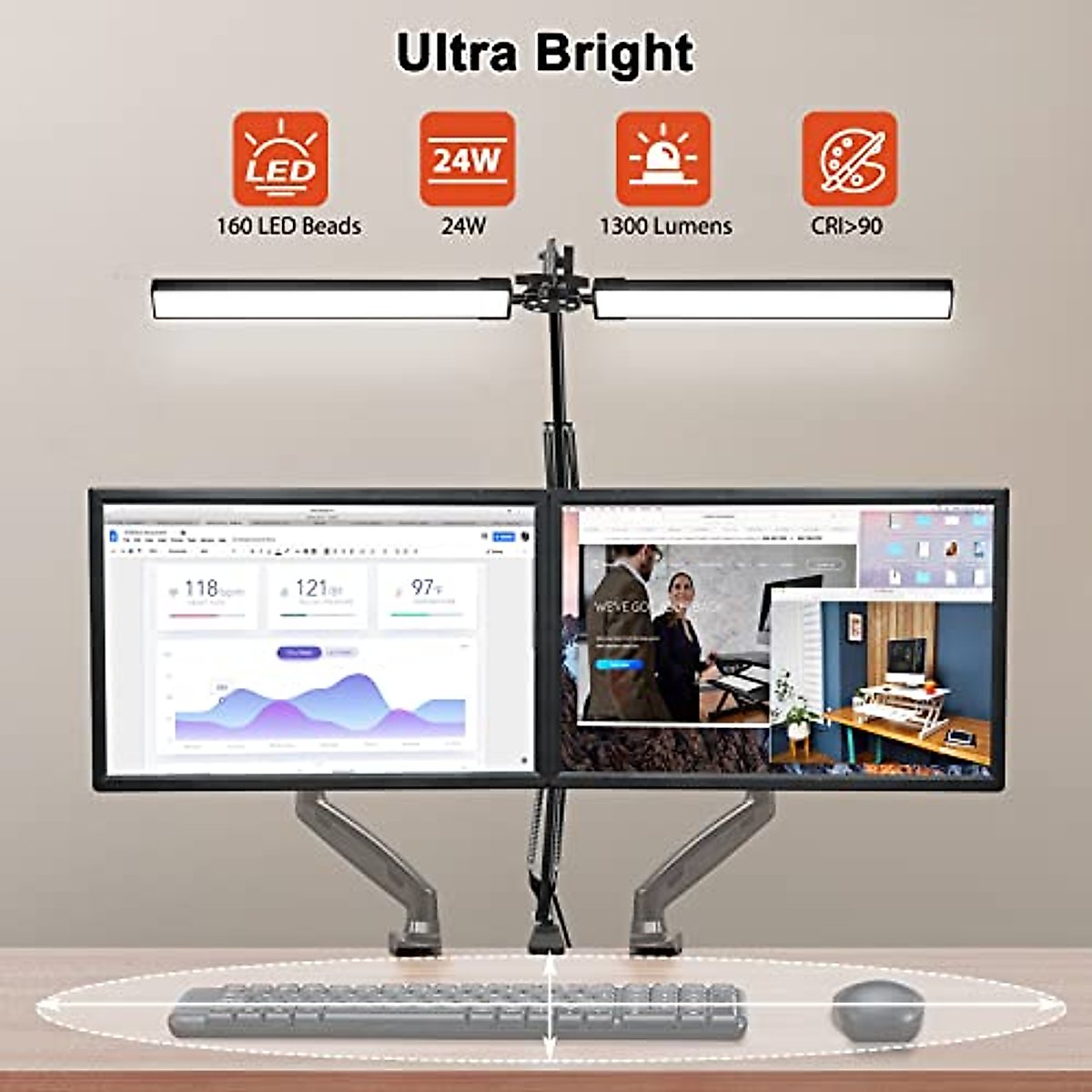 LED Desk Lamp, Desk Lamps for Home Office, 24W 1300lm Double Head Architect Desk Lamp, 28in Swing Arm Desk Light with Clamp, 3 Color Modes 10 Levels Dimmer Light for Working/Reading/Hobby Craft