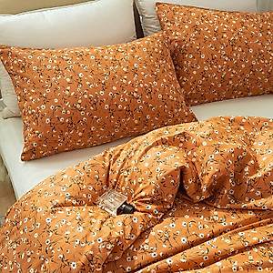 LifeTB Garden Style Orange Floral Duvet Cover King Boho Flower Botanical Bedding Sets Burnt Orange Pumpkin Color Comforter Cover 100% Cotton Floral Bedding Sets 1 King Duvet Cover with 2 Pillowcases