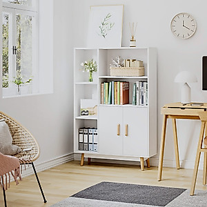 FOTOSOK Floor Storage Cabinet with 2 Shelves and 3 Cubes, Bookcase with Doors, Bookshelf Cabinet with Legs for Kitchen, Living Room and Home Office, White
