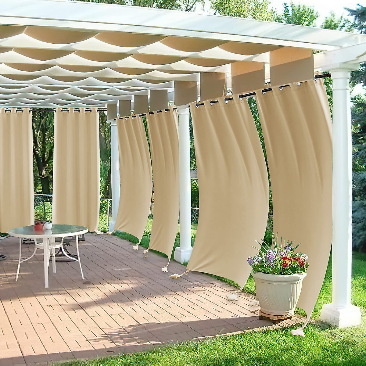 RYB HOME Blackout Curtains Windproof - Weighted Bags Attached, 84 inches Long, Waterproof Thermal Indoor Outdoor for Pool Shower Bedroom Patio, 2 Pcs, W 52 x L 84, Beige