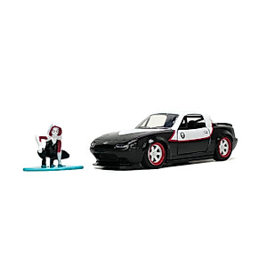 Jada 1990 Mazda Miata Black and White with Graphics and Ghost Spider Diecast Figure Spider-Man Marvel Series 1/32 Diecast Model Car