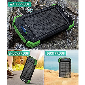 BLAVOR Solar Charger Power Bank, Qi Wireless Charger 10,000mAh External Battery Pack Type C Input Output Dual Super Bright Flashlight, Compass Carabiner, Solar Panel Charging(Dark Green)