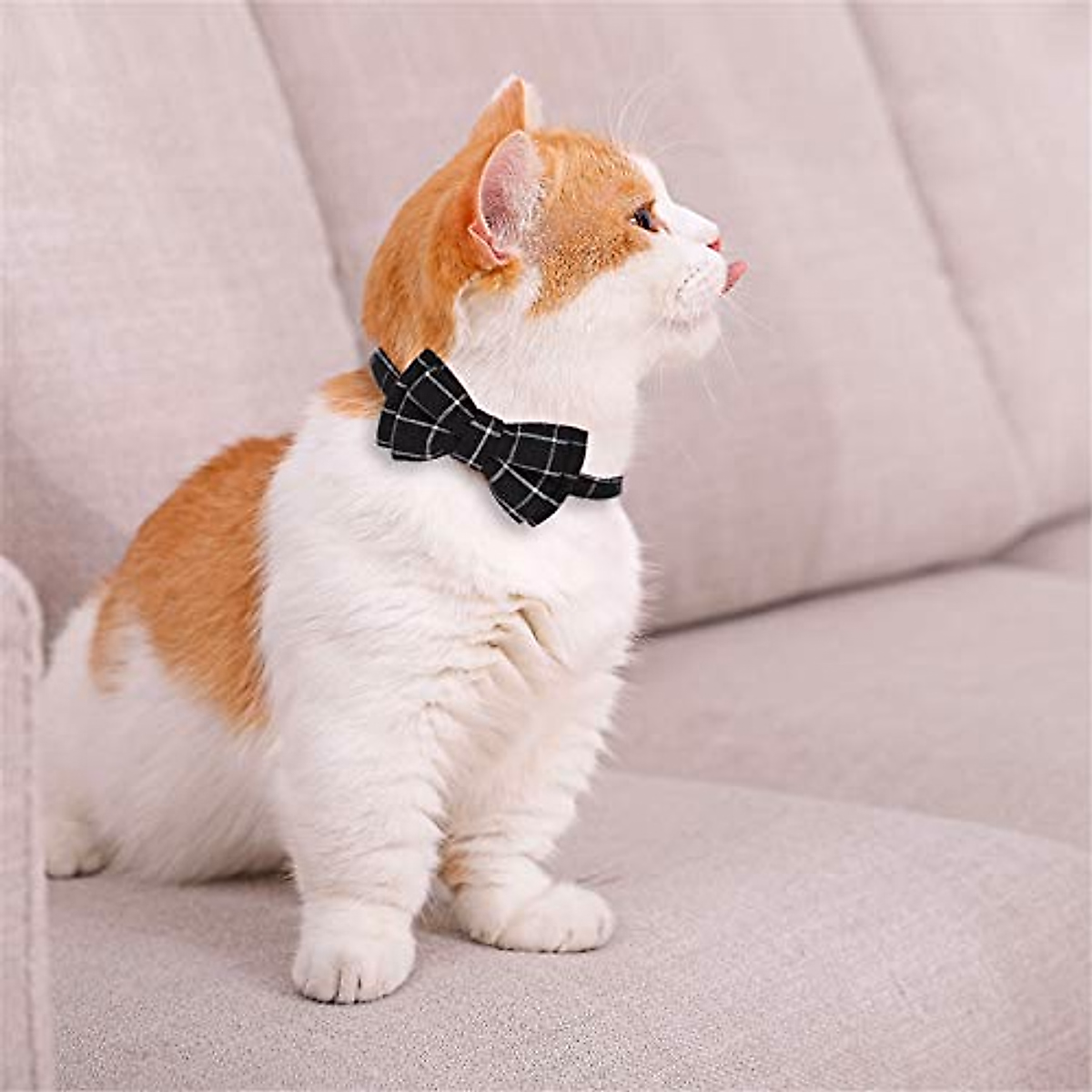 SLSON 2 Pack Breakaway Cat Collar with Bell and Bow Tie Plaid Kitten Collar for Cats and Small Dogs Pets Adjustable from 8-11In, Black and Grey