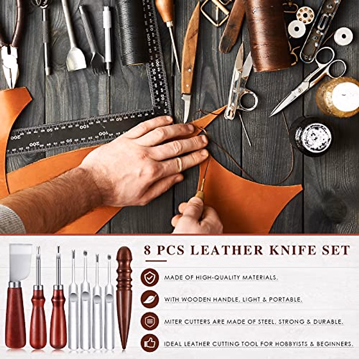 8 Pieces Leather Knife Set, Including Leather Edge Beveler Leather Groover Leather Cutter Wood Leathercraft Edge Slicker Burnisher Leather Crafting Tools Skiving Knife Leathercraft Accessories