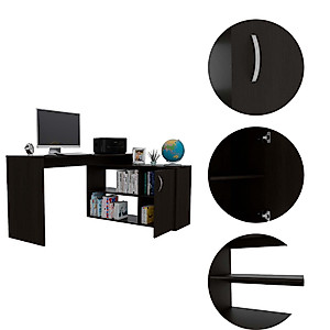 DUNTRKDU L Shaped Desk, 60 Inch Gaming Desk with Storage Shelves, Modern Computer Desk, Black, 45.9*59.6*30.1 Inches