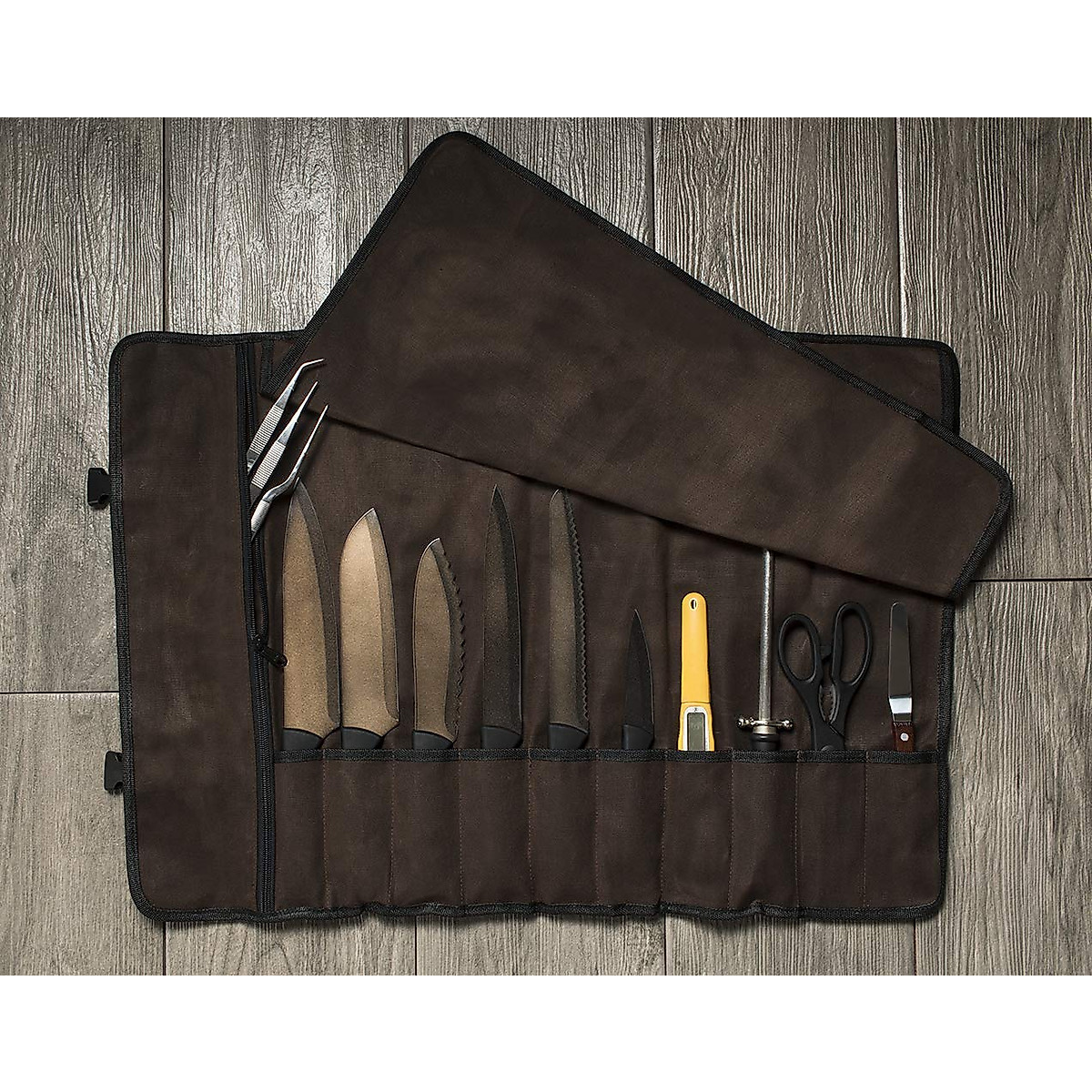 Asaya Canvas Chef Knife Roll Bag - 10 Knife Slots and a Large Zipper Pocket - Durable 10oz Canvas Knife Case with an Adjustable Shoulder Strap - Knives not Included