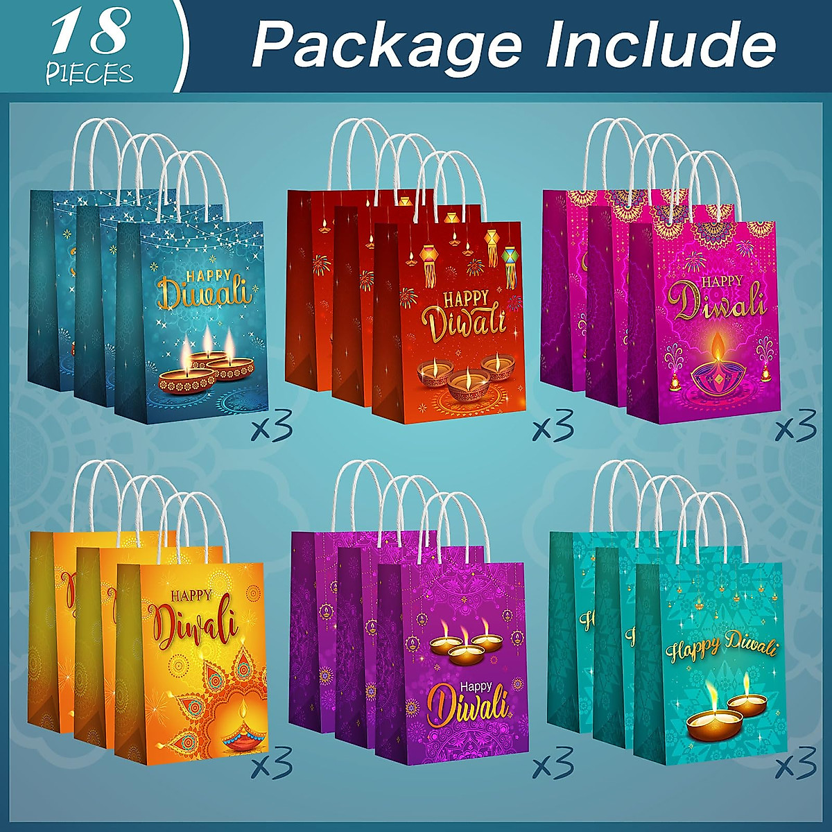 Cholemy 18 Pcs Happy Diwali Gift Bags Bulk Festival of Lights Favors Bags with Handles and Sydney Paper Diwali Birthday Present Bags Deepavali Party Supplies for Indian Diwali Light Party Decoration