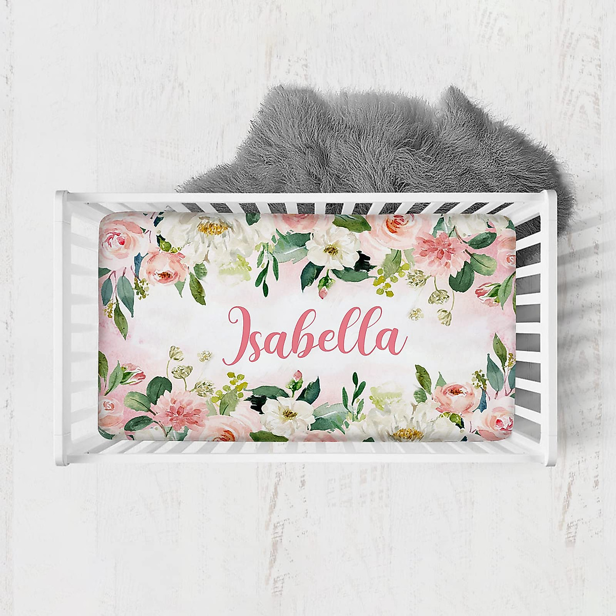 Munific Flower Rose Baby Crib Sheet, Personalized Fitted Crib Bedding Floral Sheet with Name, Custom Pack and Play Sheets, Crib Mattress Sheets for Baby Boys Girls, Mini Crib Sheet | Name Crib Sheets