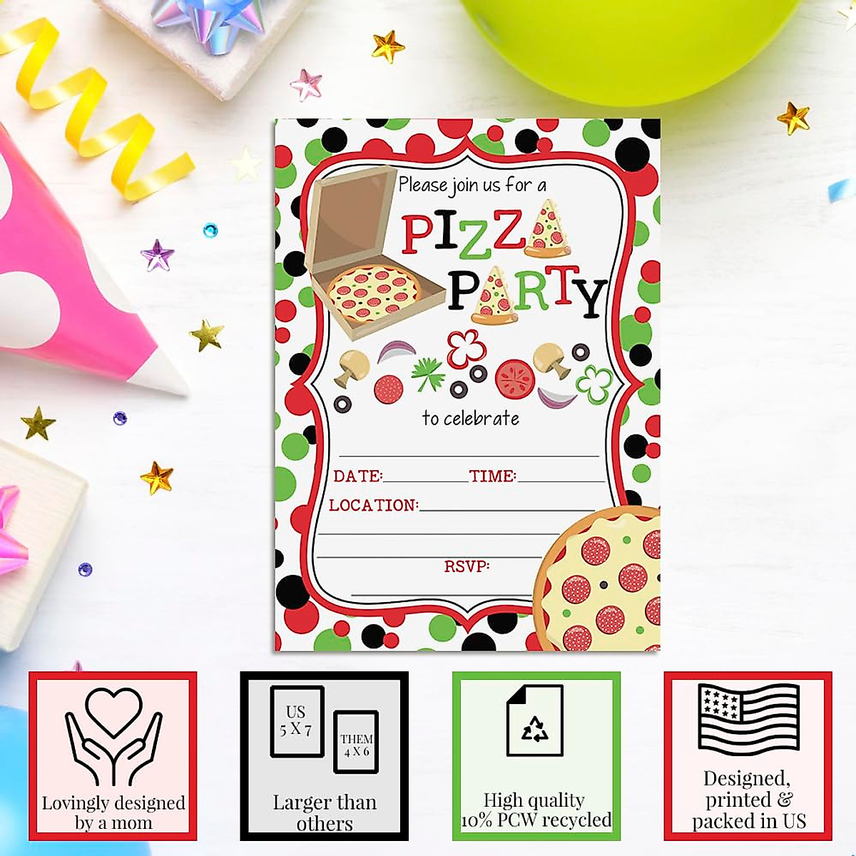 Pizza Party Themed Birthday Party Invitations for Kids, 20 5x7 Fill In Cards with Twenty White Envelopes by AmandaCreation