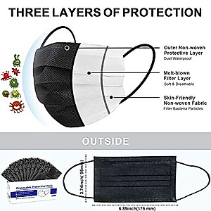 Kid Size Face Mask Black, Disposable Breathable Mask 3ply for Boys Girls Individually Wrapped, Black Children Face Cover Mask with Small Size for School, Soft Comfortable Adjustable Mask for Petite Face - 50 Packs