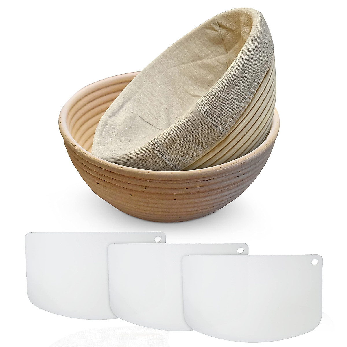 Bread Banneton Proofing Basket [Set of 2] Round 9” Inch Bread Proofing Baskets for Sourdough, Prooving Bowl Gift for Bakers, Includes Linen Liner, Plastic Scraper (pack of 3)