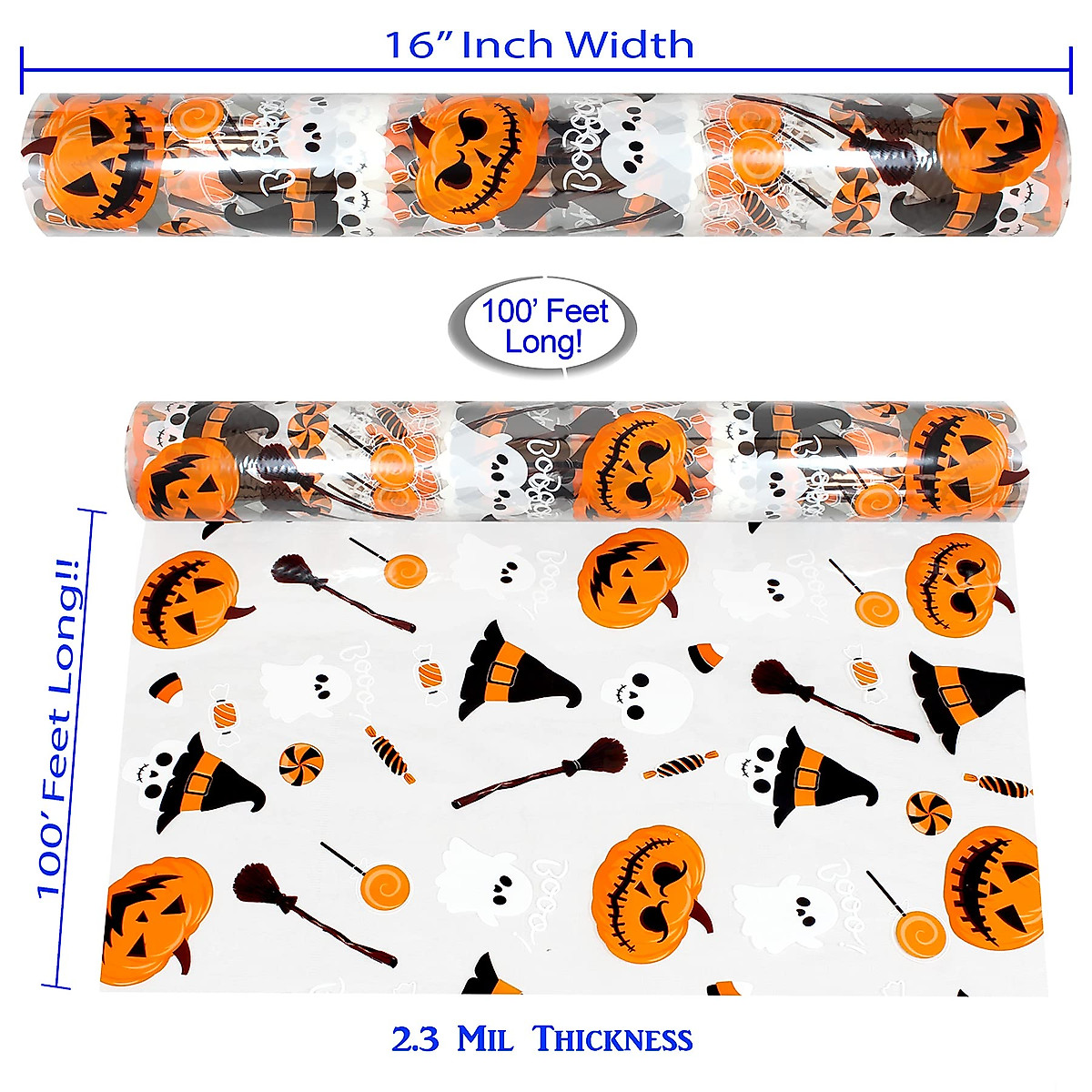 AnapoliZ Halloween Cellophane Wrap Roll | 100’ Ft Long X 16” in. Wide | 2.3 Mil Thick, Crystal Clear with Halloween Designs| Gifts, Baskets, Treats Cello Wrapping Paper | Pumpkin, Witches Cello Roll