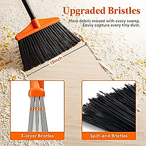 Lifewit Outdoor/Indoor Broom Heavy Duty, Commercial Broom with 53" Extendable Long Handle, Household Angle Corner Brooms for Patio, Garage, Deck, Lobby, Courtyard Sweeping, Orange