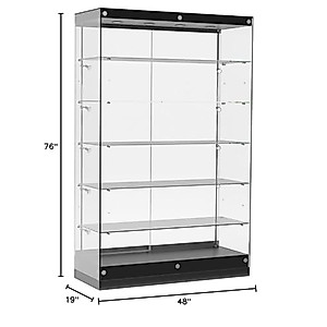 Displays2go 4’ Frameless Glass Showcases with LED Lighting, Adjustable Shelves, Locking, MDF – Black (GTAP48LEDB)