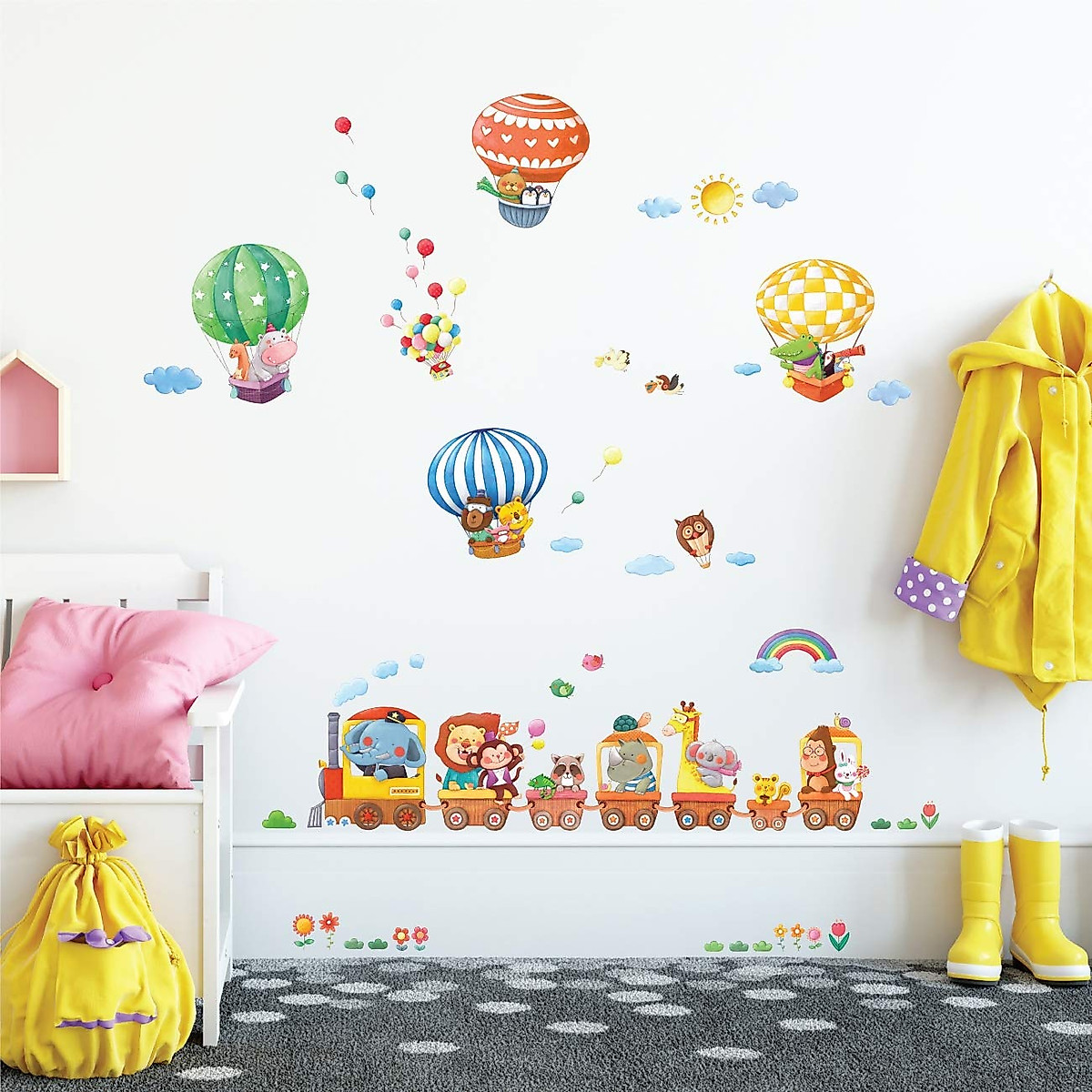 DECOWALL DA4-1406 Animal Train and Hot Air Balloons Kids Wall Stickers Wall Decals Peel and Stick Removable Wall Stickers for Kids Nursery Bedroom Living Room décor