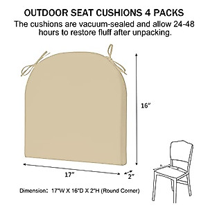 downluxe Outdoor Chair Cushions, Waterproof Round Corner Memory Foam Seat Cushions with Ties for Garden Patio Funiture, 17" x 16" x 2", Khaki, 4 Pack
