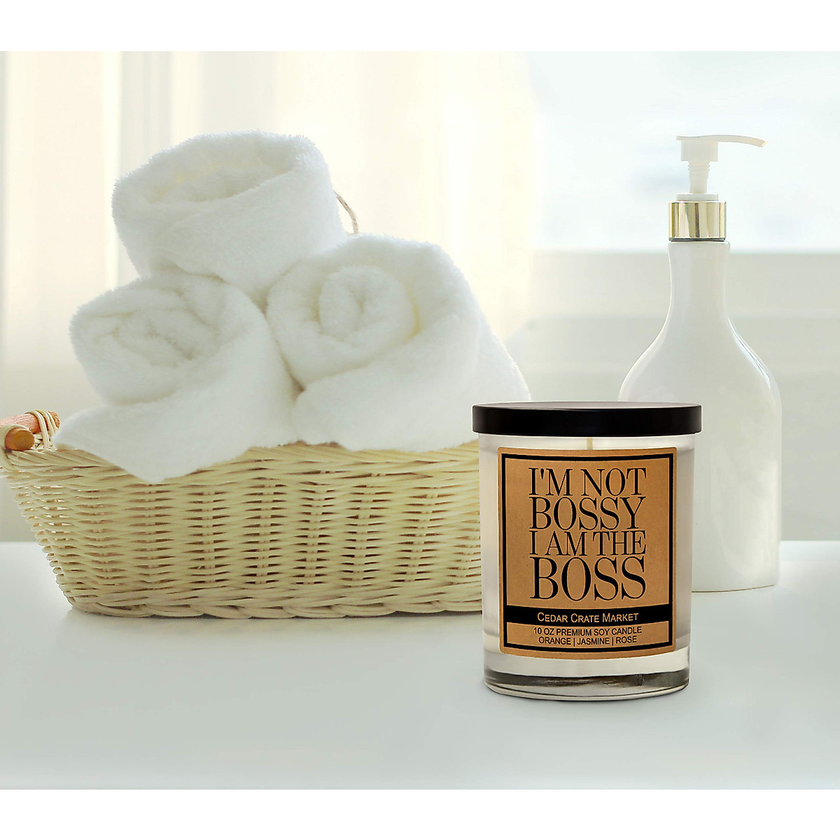 I'm Not Bossy I Am The Boss, Kraft Label Scented Soy Candle, Orange, Jasmine, Rose, 10 Oz. Glass Jar Candle, Made in The USA, Decorative Candles, Funny and Sassy Gifts