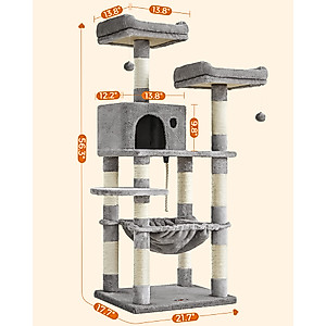 FEANDREA Cat Tree, Cat Tower for Indoor Cats, 56.3-Inch Cat Condo with Scratching Posts, Hammock, Plush Perch, Light Gray UPCT15W