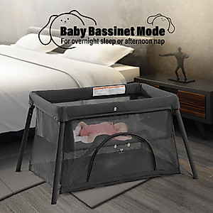 Lamberia Travel Crib, Portable Crib for Baby Lightweight Travel Bassinet with Comfortable Mattress and Carry Bag for Babies to Toddlers, Folding Portable Baby Playpen (Dark Grey)