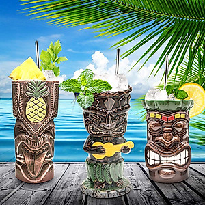 SuproBarware Tiki Mugs Set of 4– Ceramic Hawaiian Party Mugs Large Drinkware, Tiki Bar Mugs for Cocktails, Tropical Cups Drinks for Exotic Party - TJB02 (4pcs)