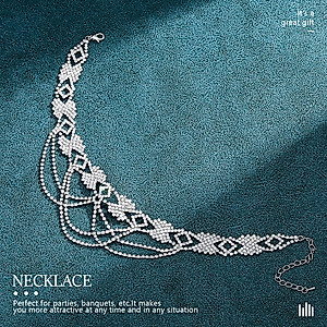 JEAIRTS Rhinestone Choker Necklace Silver Layered Crystal Necklaces Sparkly Tassel Necklace Chain Jewerly Fashion Party Accessories for Women