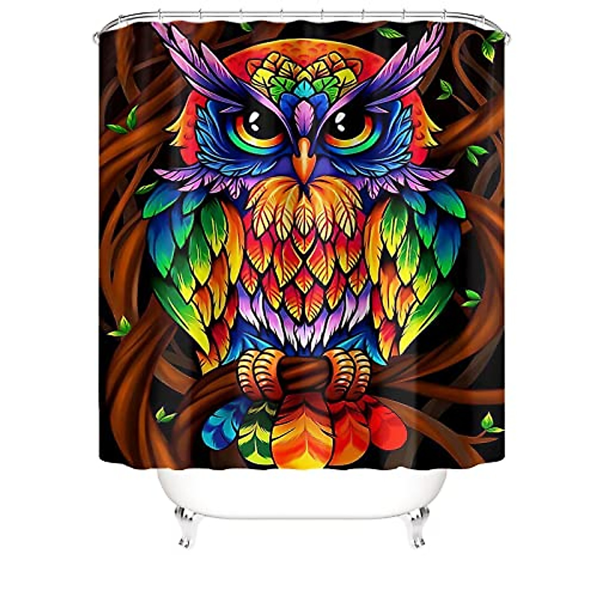Posienr Colorful Owl Shower Curtain Sets Bath Mat 4 Pcs Decor Bathroom Cute Cartoon Animals Contour Mat Toilet Lid Cover U Shaped Non-Slip Rug Fabric Waterproof Polyester with 12 Hooks