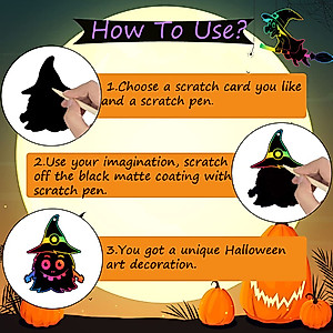 Mocossmy Halloween Magic Scratch Cards,24PCS Skeleton Spider Witch Pumpkin Rainbow Scratch Paper Scratch Art Crafts & Scratch Sticks & Ribbons Set for Kids St Patrick's Day Party Favor Supplies Games