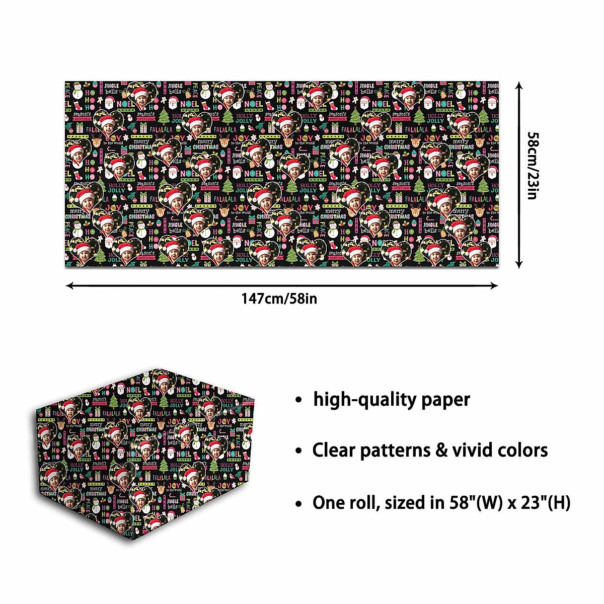 Jaydouble Custom Christmas Wrapping Paper Rolls for Adult Kids Customized Gift Wrap Paper for Boys Girls Personalized Photo Wrapping Paper for Son Daughter Black Wrapping Paper 58"x 23"