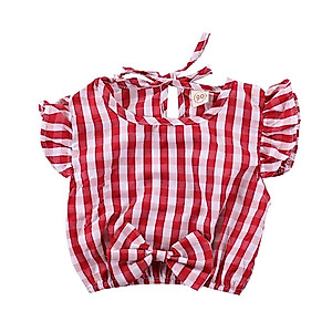 BOIZONTY Toddler Baby Girl Red Plaid Outfits Ruffled Sleeve Crop Top Shirts with Bowknot+Denim Skirt Dress Summer Clothes Set (Plaid, 3-4 Years)