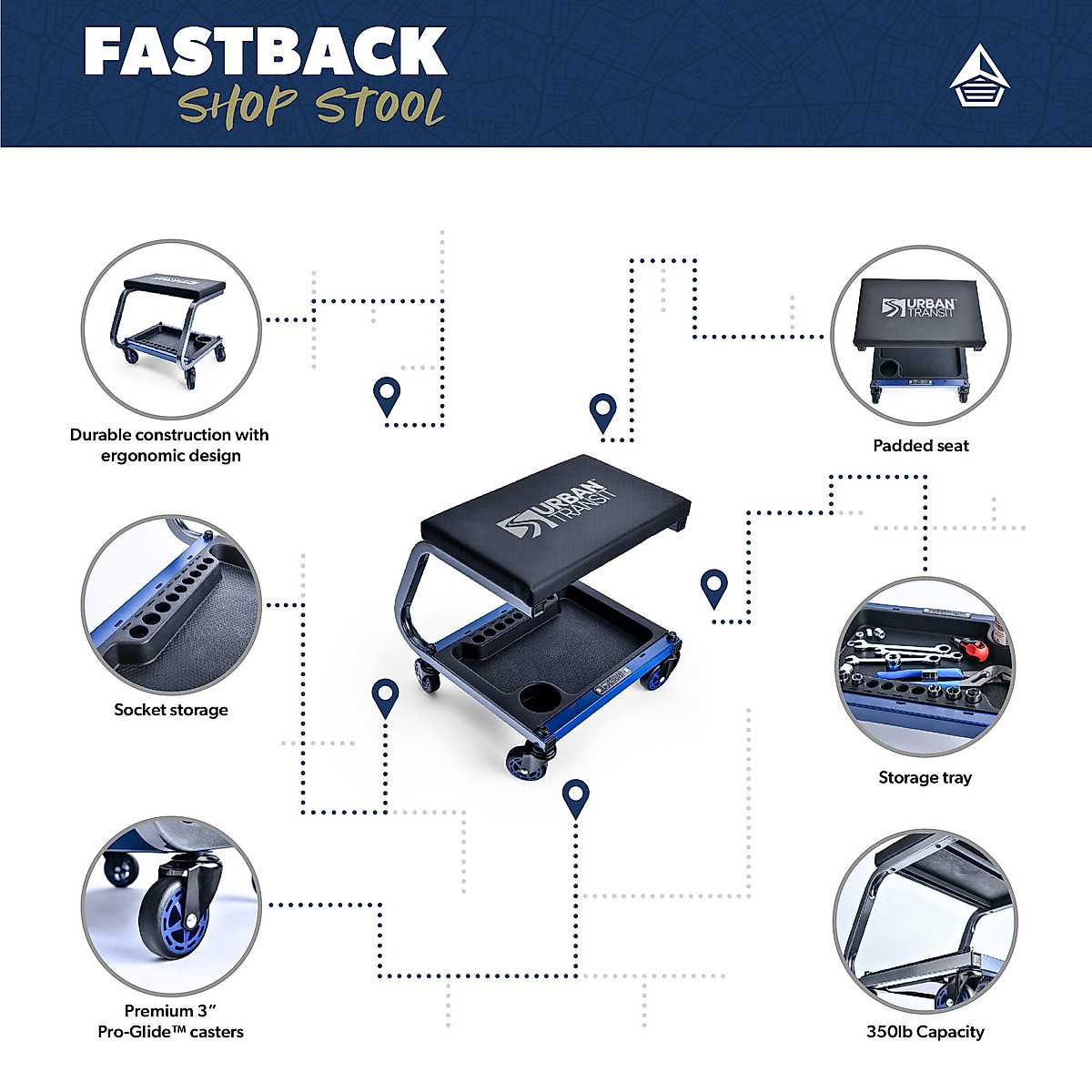 URBANTRANSIT FastBack Shop Stool - 350 Lb Capacity Rolling Stool for The Garage and Workshop, with Organizer Tray and Cupholder - 3 Inch Premium Casters - an Ideal Mechanics Stool or Workshop Stool