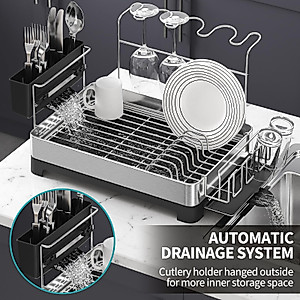 Urackify Dish Drying Rack for Kitchen Counter, 304 Stainless Steel Dish Rack, Multi-Function Dish Drainer with Wine Glass Holder, Large Dish Strainer with Cup Holder, Cutlery Holder, Large Size