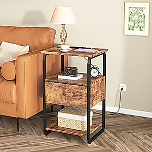 KHLJJU Nightstand with Charging Station, Bedside Tables with USB Ports and Outlets, Side Table with Drawer for Small Spaces, Vintage End Table for Bedroom, Living Room
