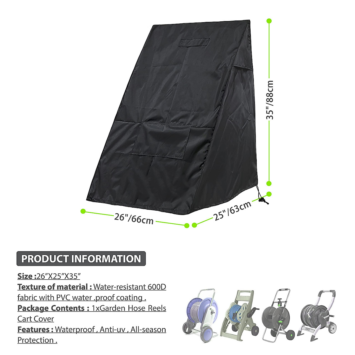 Aaaspark Garden Hose Reel Cover, Hose Cart Protector, Water, Dust and Sun Protection Cover for Freestanding Portable Hose Reels, 25.9" x 24.8" x 34.6", Black