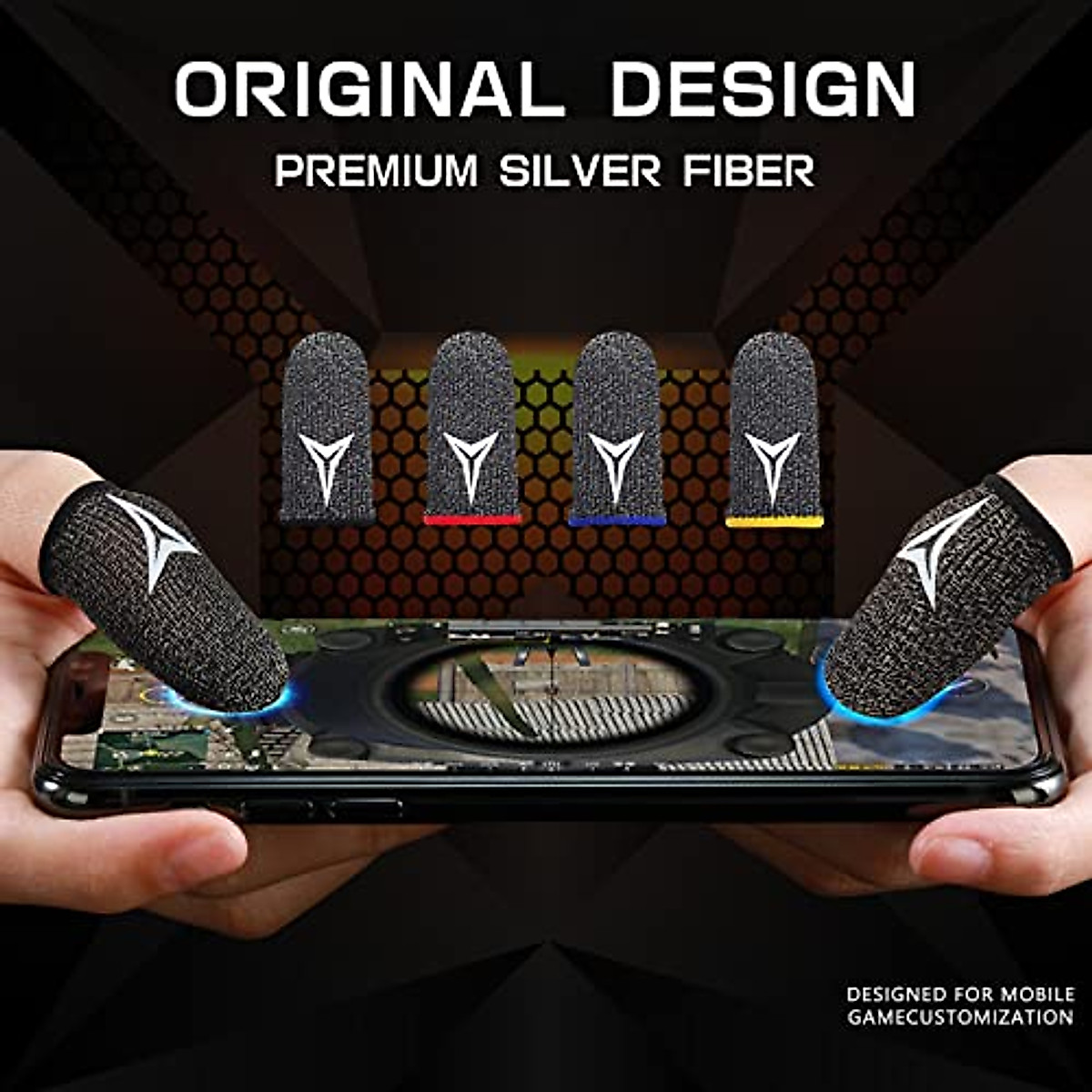 Gaming Finger Sleeves for Mobile Gaming, 0.3mm Silver Fiber, Smooth Operation, Anti-Sweat, Extremely Thin, Nuozme Finger Sleeves Fit Mobile Phone Tablet Devices, 8 PCS (Black)