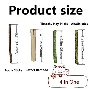 GREMBEB Bunny Chew Stick Rabbit Toy Treat 140g 4 in 1 Molar Stuff 100% Organic Natural Snack,Apple Branch,Sweet Bamboo,Timothy Hay,Alfalfa Food Clean Teeth Hamster Chinchilla Parrot Gerbil Squirrel
