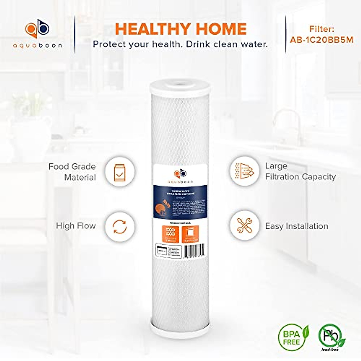 Aquaboon 2-Pack Universal Whole House 5 Micron 20 x 4.5 inch Cartridges Coconut Shell Water Filter Cartridge & Aquaboon 2-Pack Pleated Sediment Water Filter Cartridge