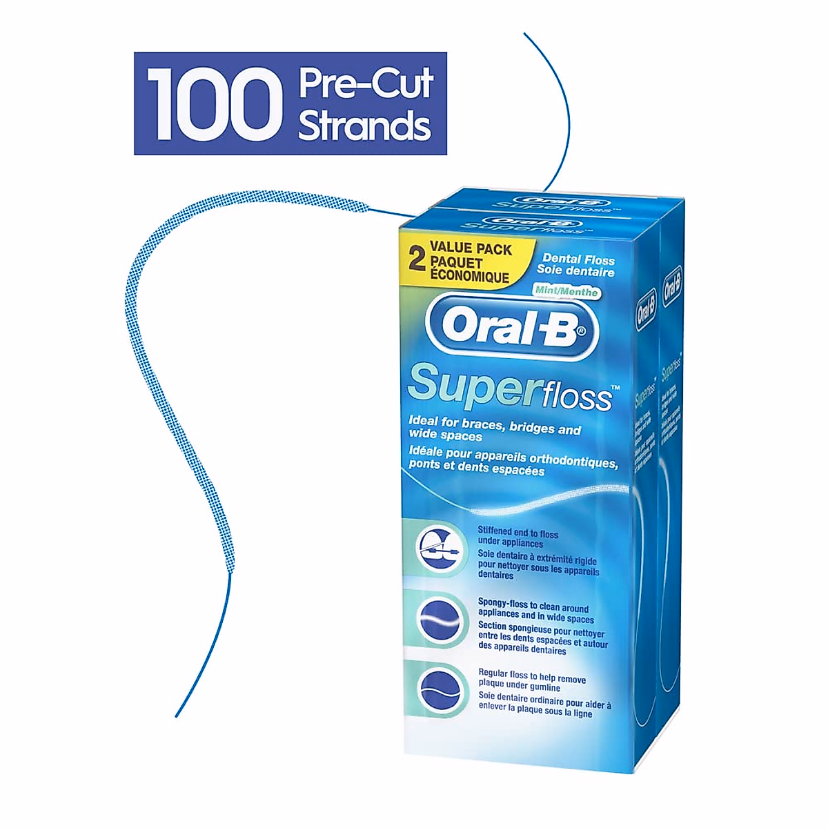 Oral-B Dental Floss for Braces, Super Floss Pre-Cut Strands, Mint, 50 Count, Pack of 2