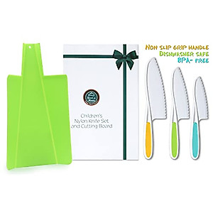 Tovla Jr Kids Kitchen Montessori Knives and Foldable Cutting Board Set: Children's Safety Cooking Knives in 3 Sizes & Colors/Firm Grip, Serrated Edges, BPA-Free Kids' /Safe Lettuce Knives (Green)