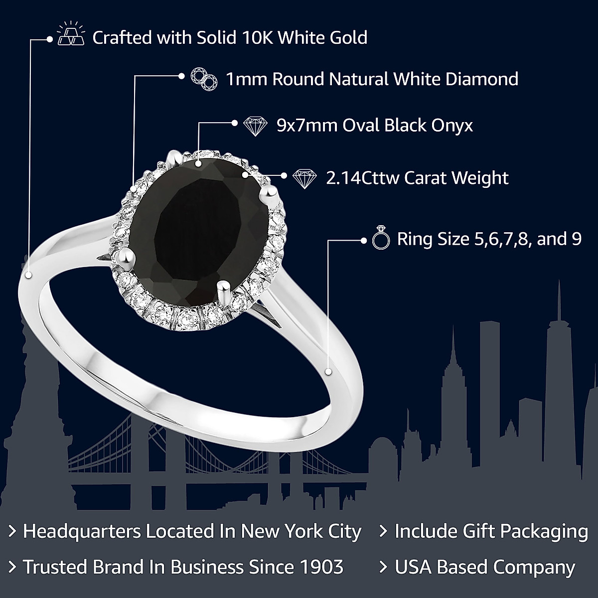 Gem Stone King 10K White Gold Black Onyx and Diamond Halo Engagement Ring | 2.14 Cttw | Oval 9X7MM | Gemstone Birthstone | Wedding Anniversary Promise Ring For Women (Size 8)