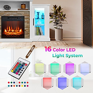 COSTWAY Electric Fireplace TV Stand for TVs Up to 65 Inches, 18-inch Fireplace Insert with APP Control, Remote Control, 16 Color Lights, Wooden Entertainment Center with Adjustable Shelves, White